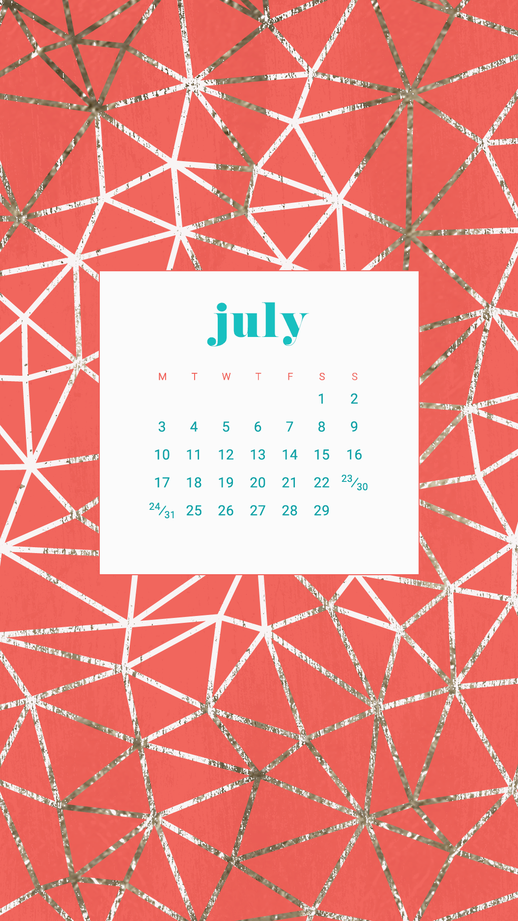FREE July calendar wallpapers in both Sunday and Monday starts