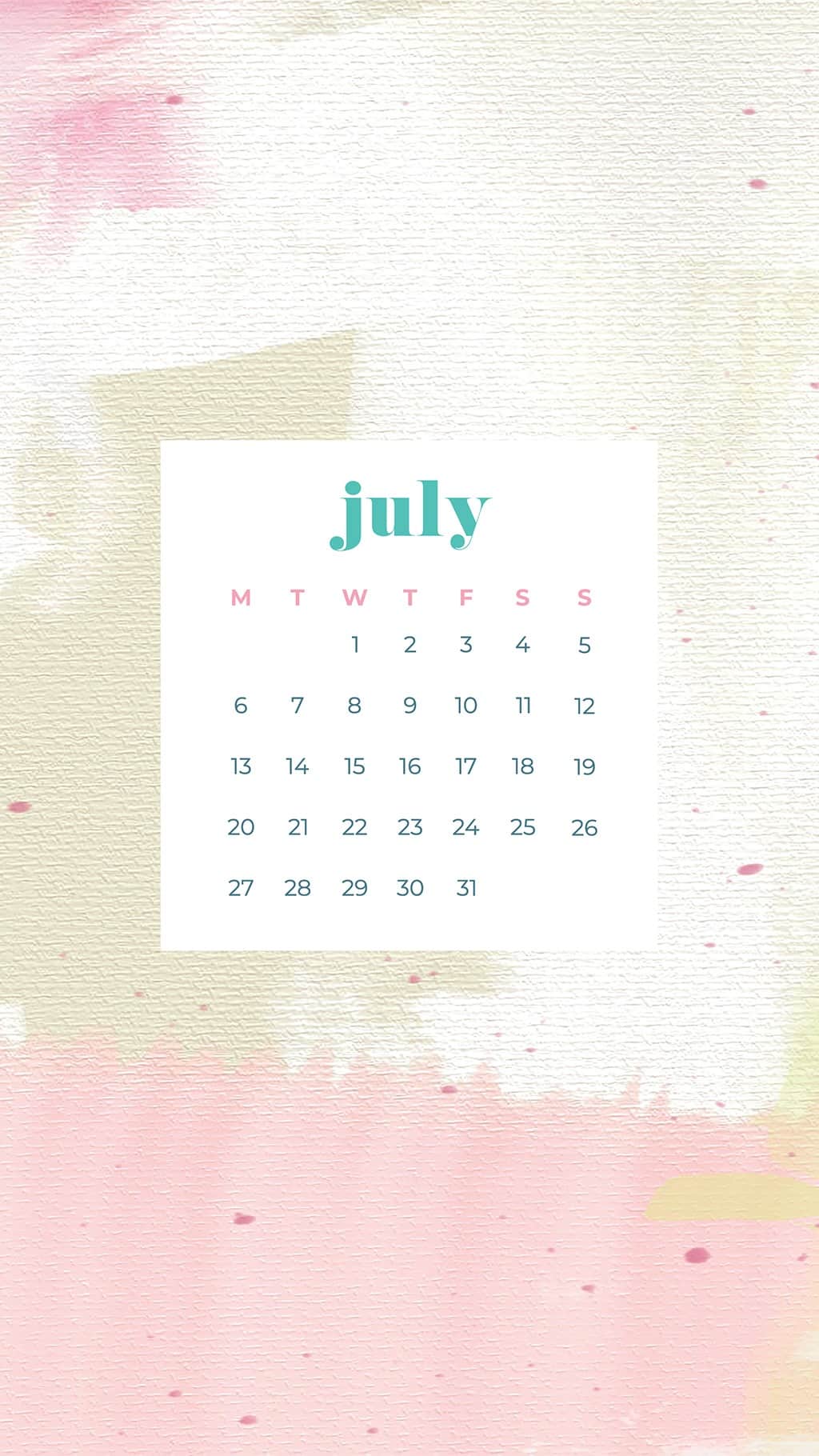 Free July wallpapers — 9 designs in both Sunday and Monday starts.