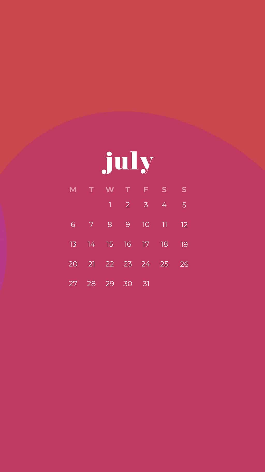Free July wallpapers — 9 designs in both Sunday and Monday starts.
