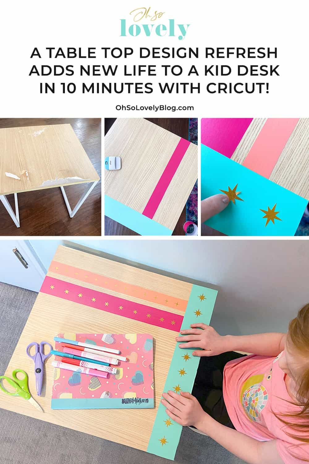 A table top design refresh adds new life to a kid desk in just 10 minutes!